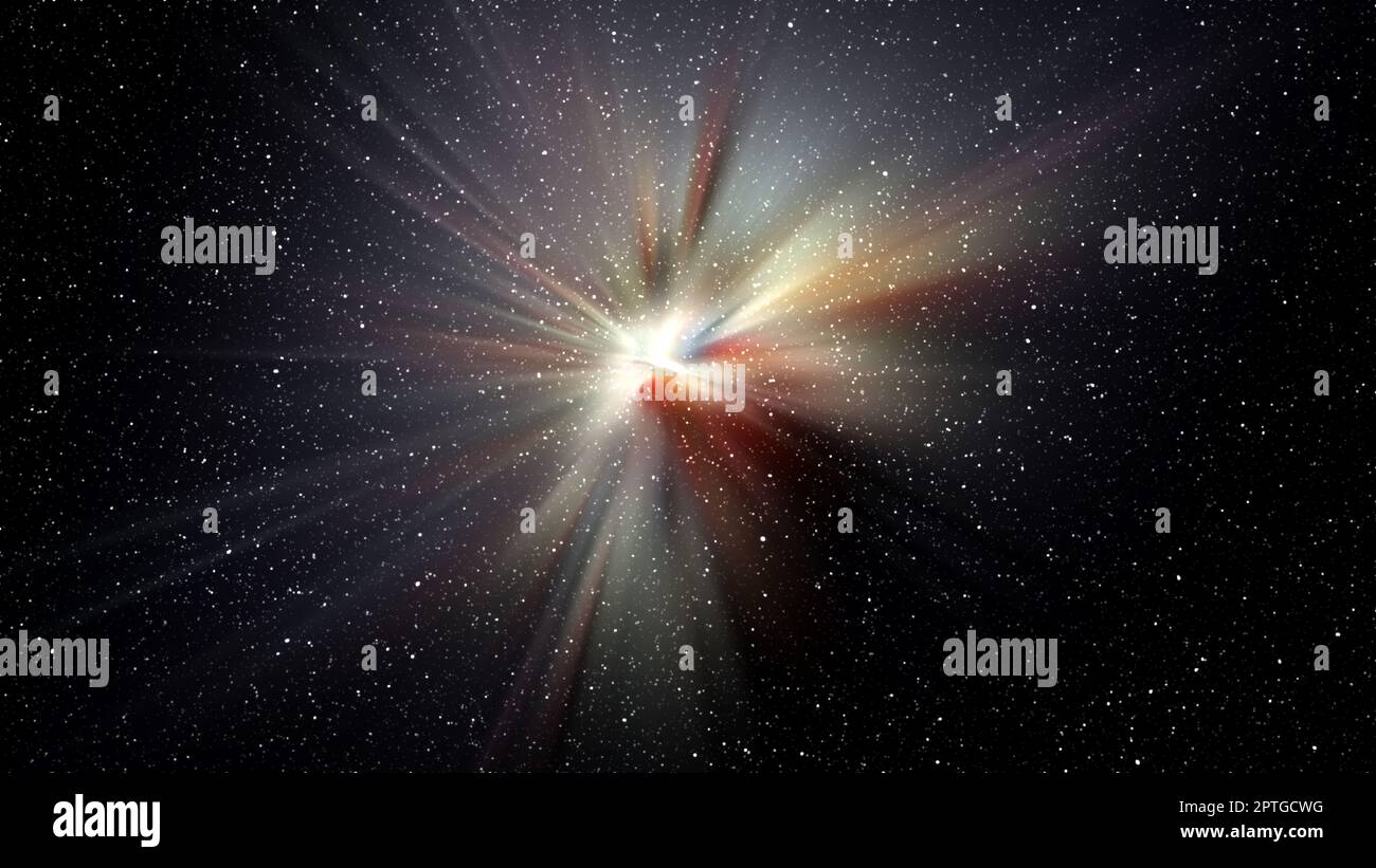 Burst of light in space. Night black starry sky horizontal background ...