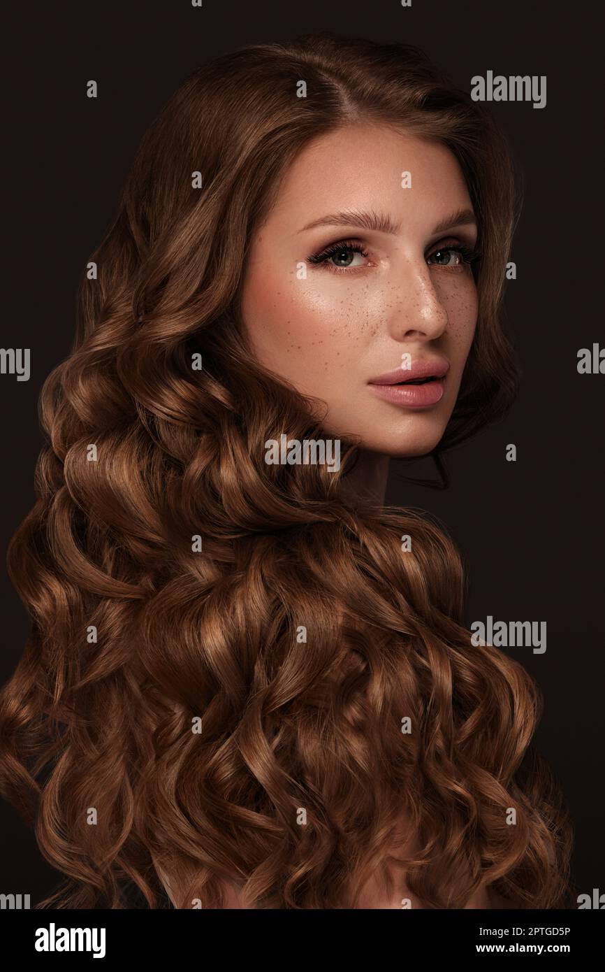 Beautiful Brown Haired Girl With A Perfectly Curls Hair And Classic