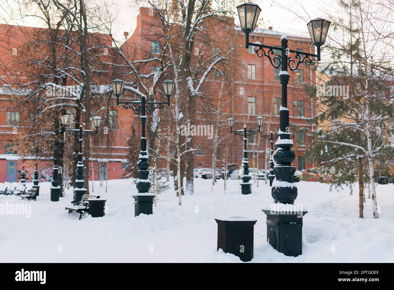 Snowy winter street scene with buildings - snow and city Stock Photo ...