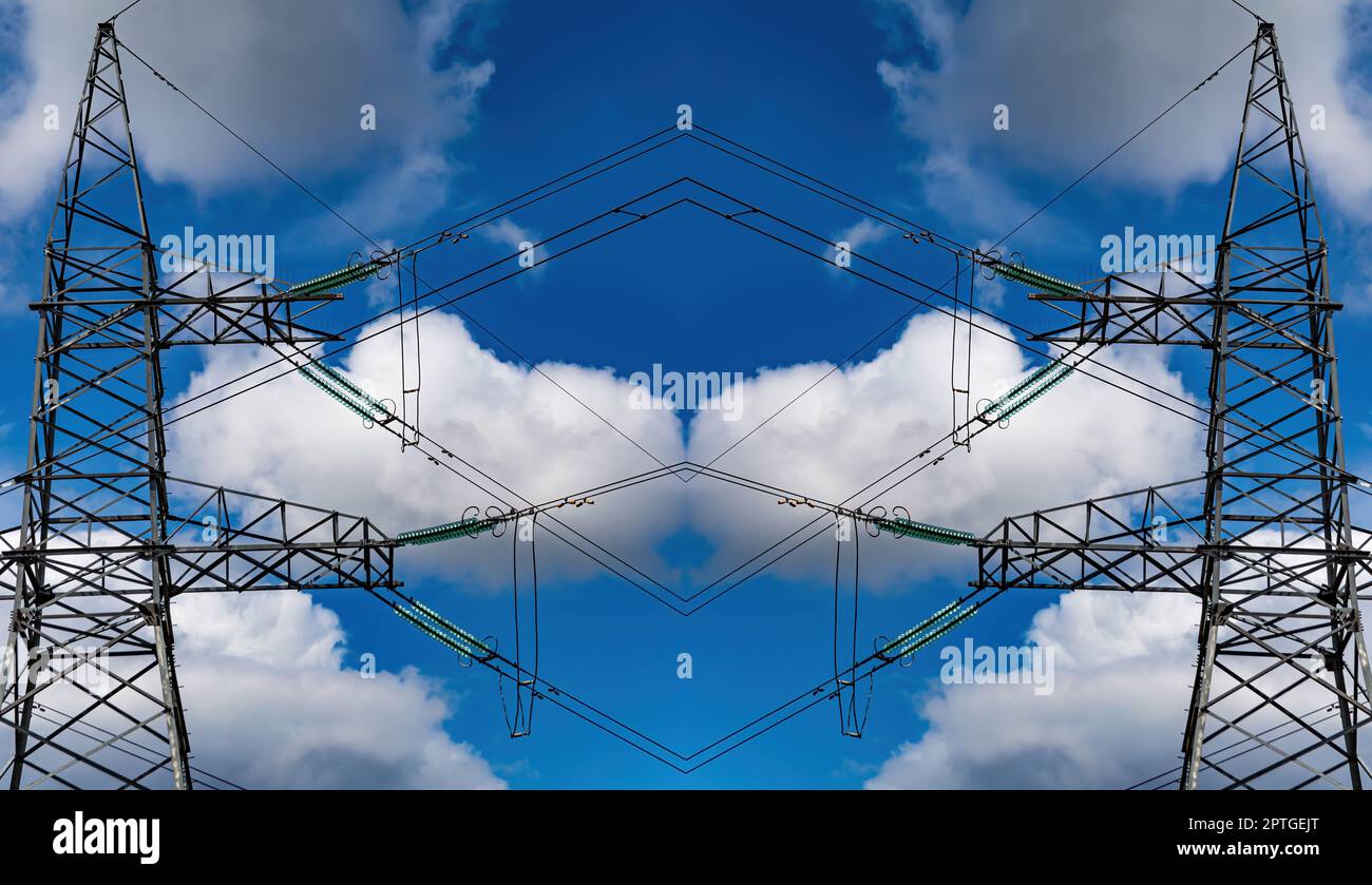 Line insulator on the electrical wires of a high-voltage tower ...