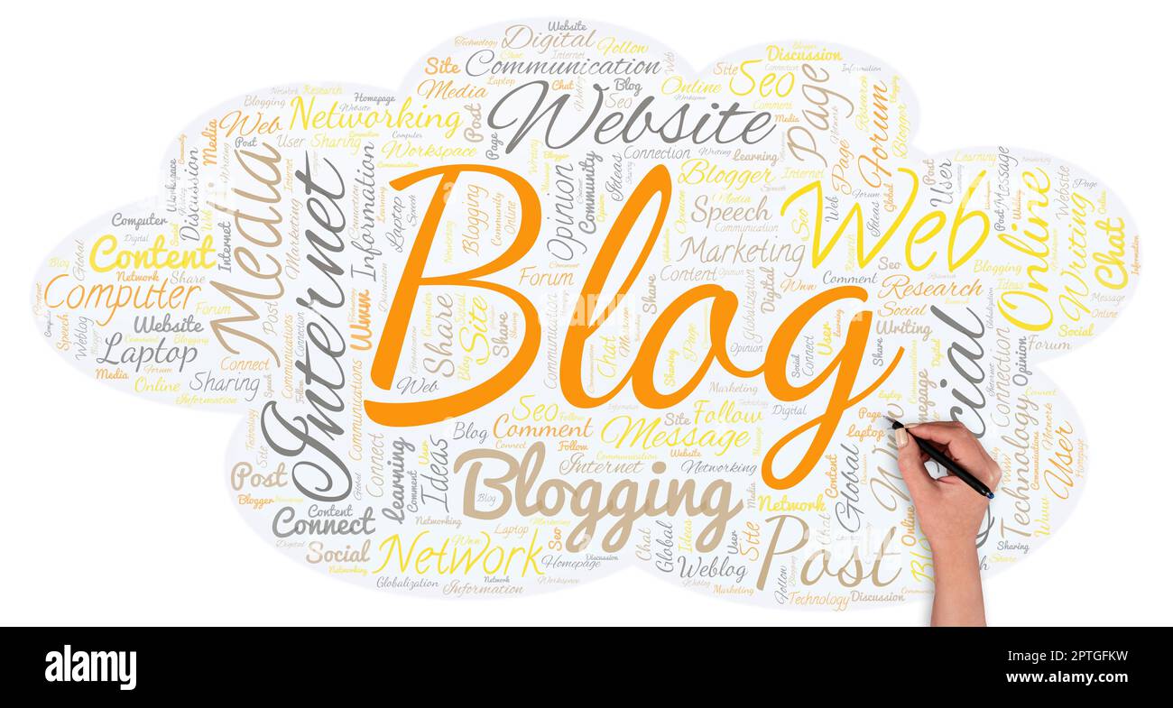 Big word cloud in the shape of UFO with word blog with hand and pen ...
