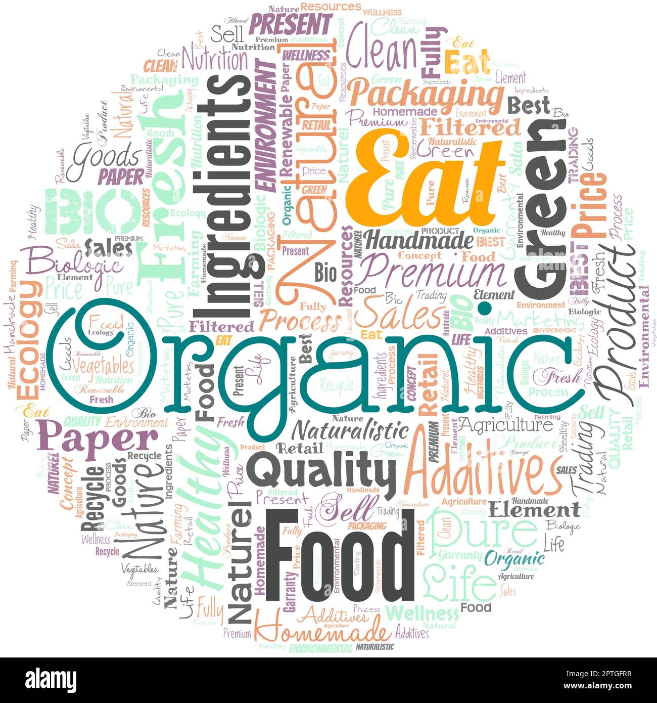 Big word cloud in the shape of circle with words eat organic Stock ...