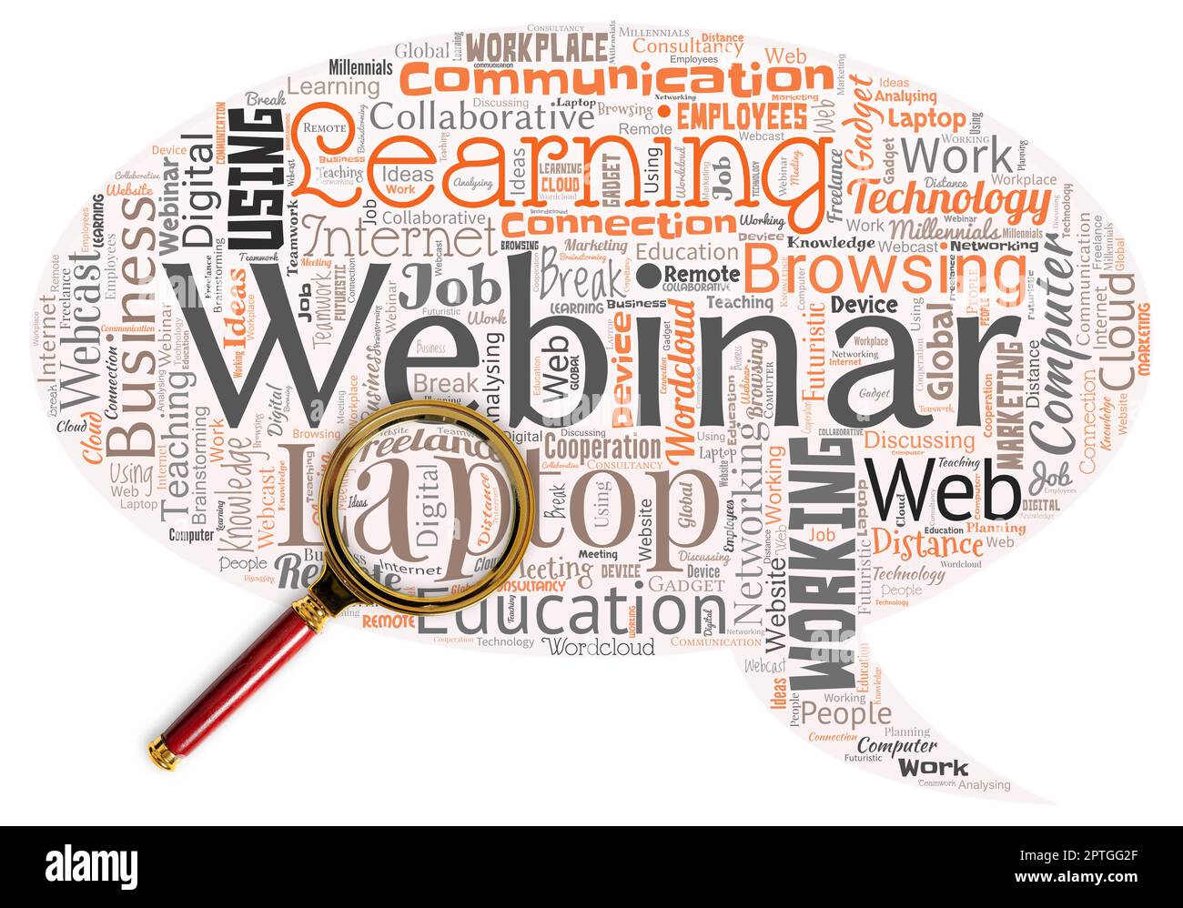 word cloud in the shape of chat box with zoom glass with word webinar ...