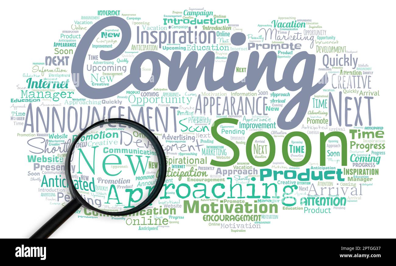 Big word cloud with words coming soon with magnifying glass Stock Photo ...