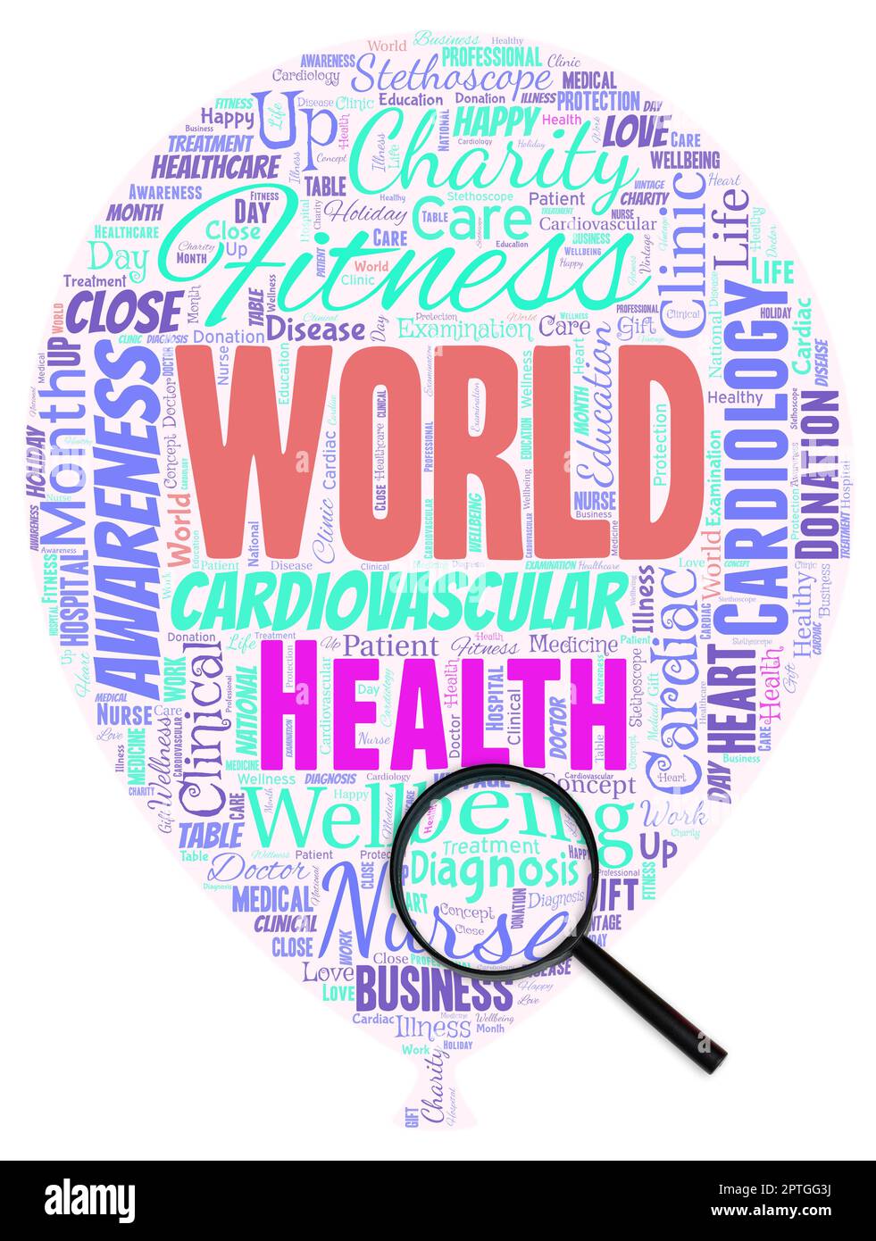 word cloud in the shape of balloon with zoom glass with words world ...