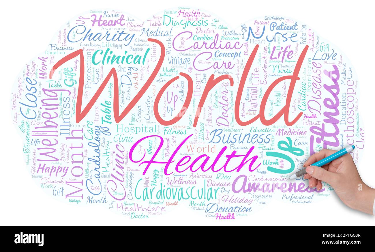 word cloud in the shape of cloud with hand and pen with words world ...