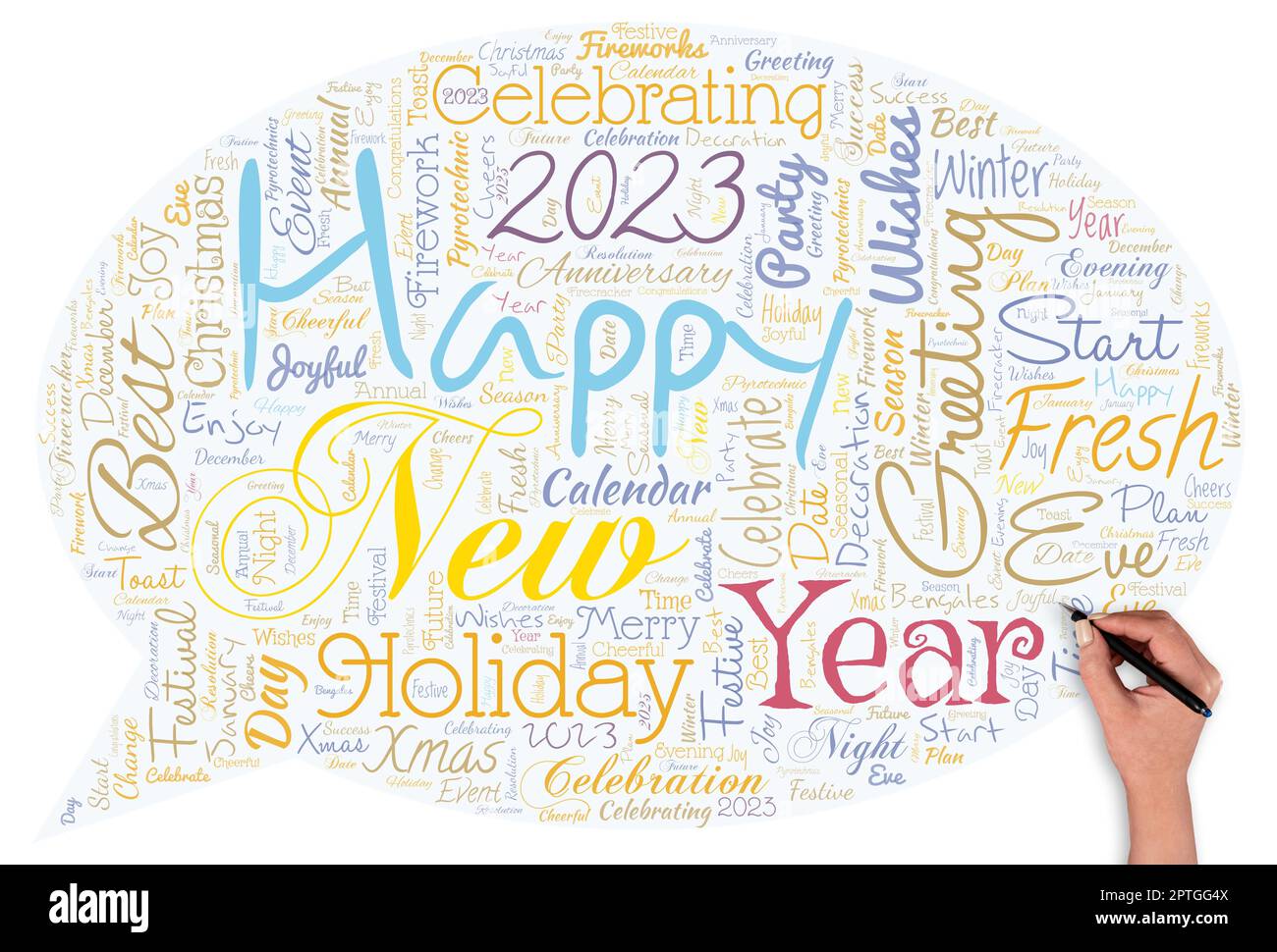Big word cloud with words Happy New Year 2023 with hand and pen Stock ...