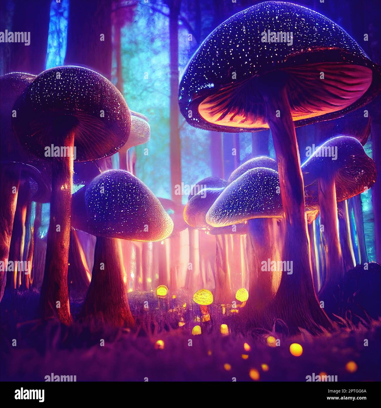 Fantasy magic mushrooms in neon light. 3D render illustration Stock ...