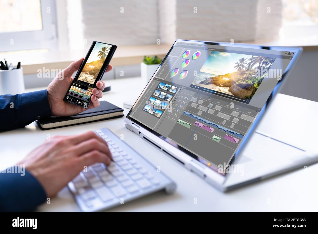 Video Editor Or Designer Using Editing Software Tech On Computer Stock ...