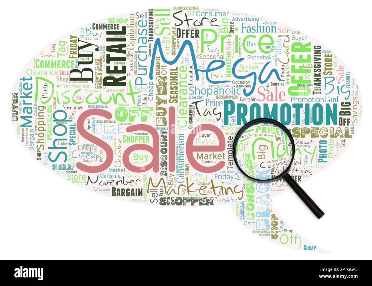 word cloud in the shape of chat box with zoom glass with words mega ...