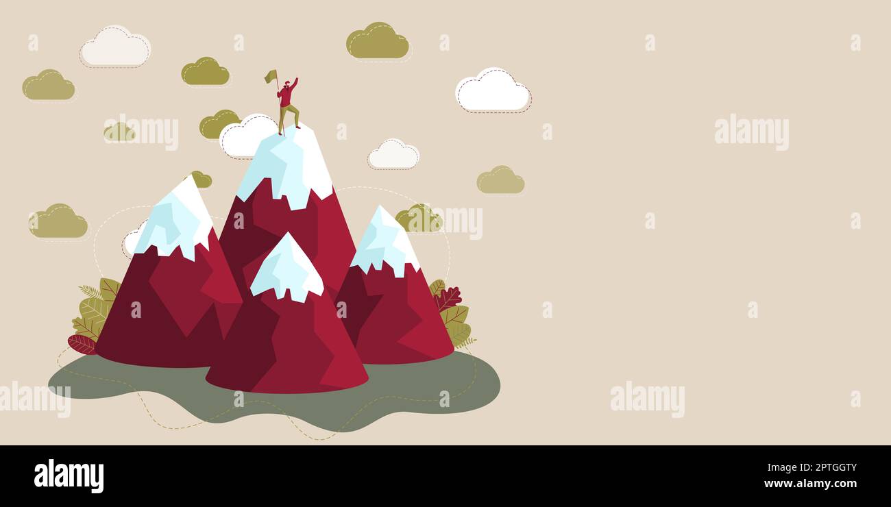 Man On A Mountain Drawing Proud Of His Climbing Success To The Clouds ...