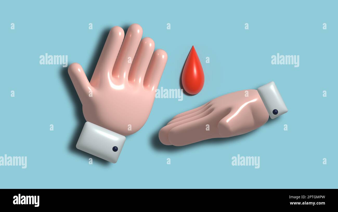 Two cartoon hands and a red drop of blood on a blue background ...