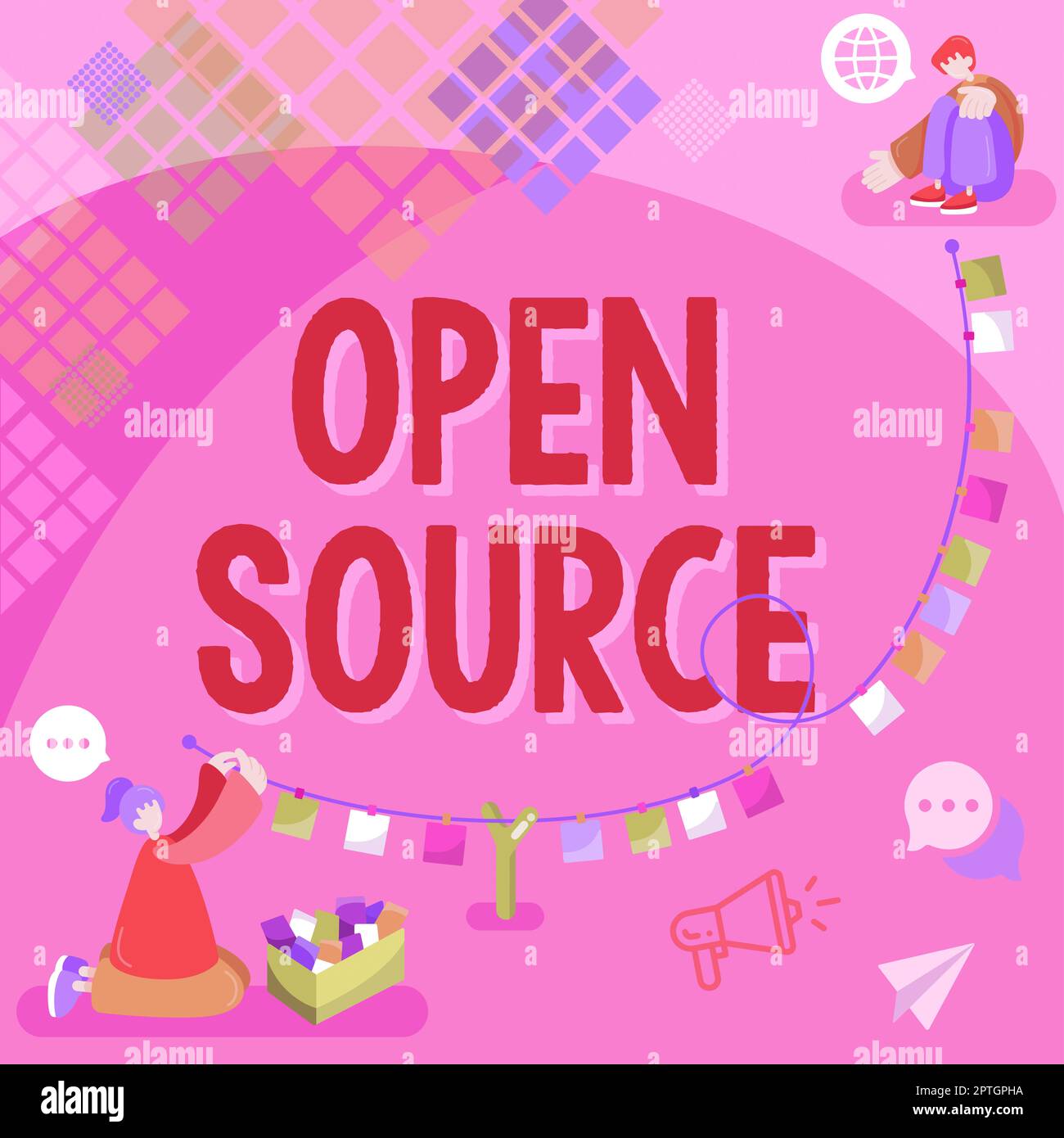 Conceptual display Open Source, Word Written on contains the source code that can be modified ...