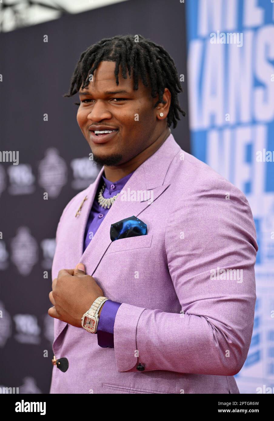 Jalen Carter walks the red carpet of the 2023 NFL Draft at the National WWI Museum and Memorial ...