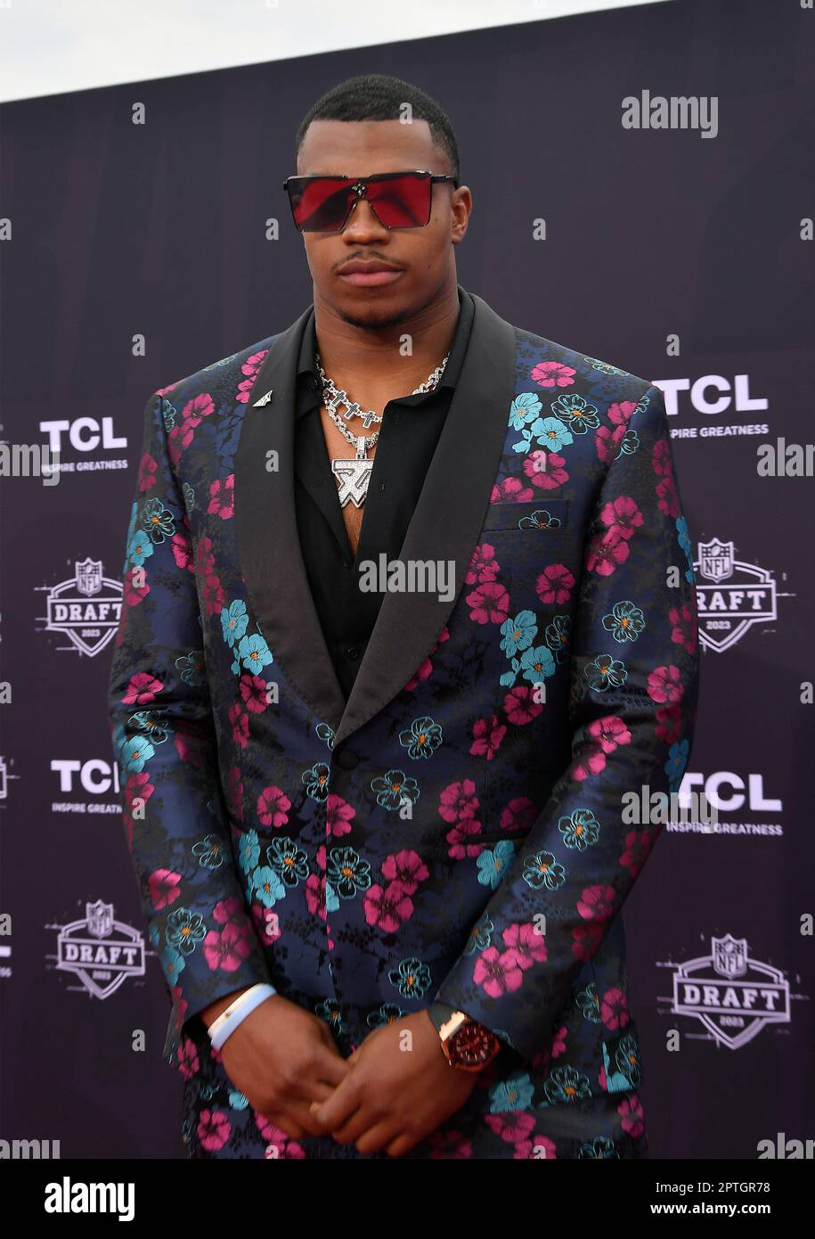 Tyree Wison walks the red carpet of the 2023 NFL Draft at the National ...