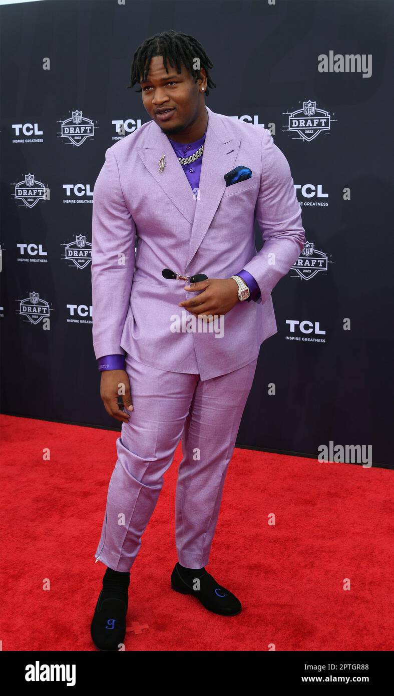 Jalen Carter walks the red carpet of the 2023 NFL Draft at the National WWI Museum and Memorial ...