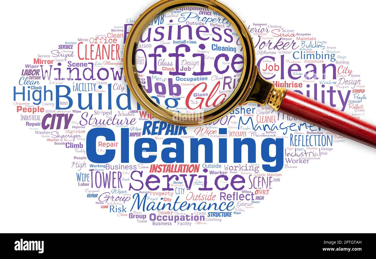 Big word cloud with words office cleaning with magnifying glass Stock ...