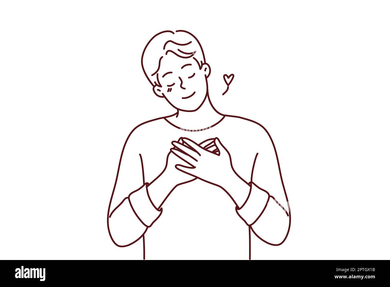 Happy young man hold hands on chest feeling grateful and thankful ...