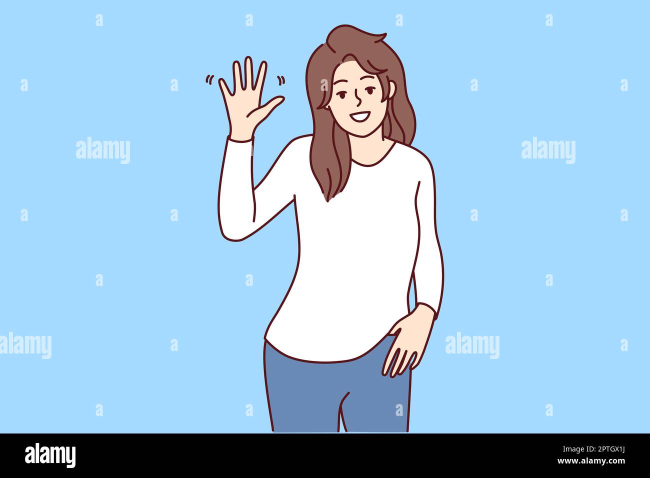 Portrait of smiling young woman wave with hand feeling overjoyed and ...