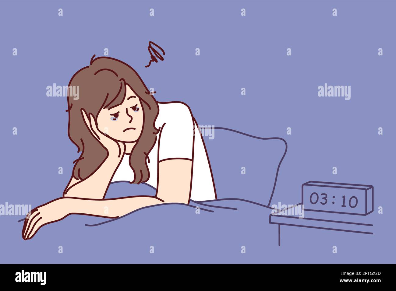 Tired woman sit in bed look at alarm ringing suffer from fatigue and ...