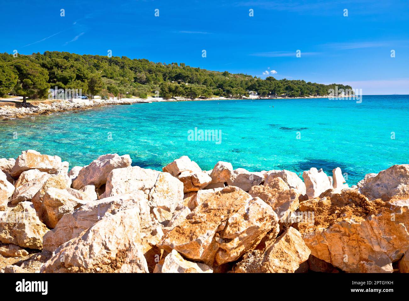 Island of Murter turquoise lagoon beach Slanica, Dalmatia archipelago ...