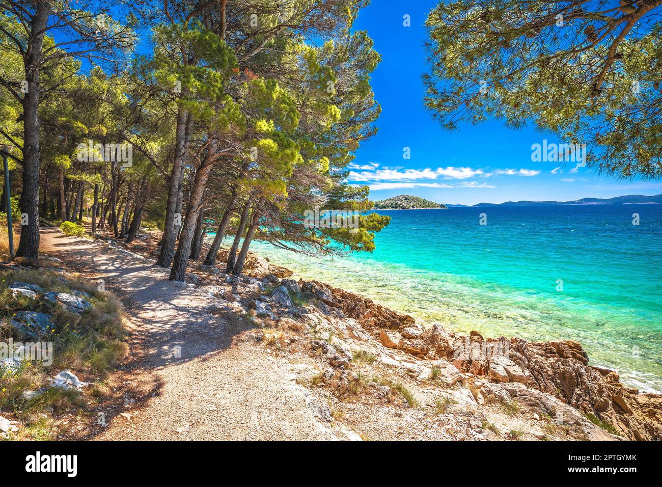 Idyllic turquoise rocky beach landscape view in Zadar riviera ...