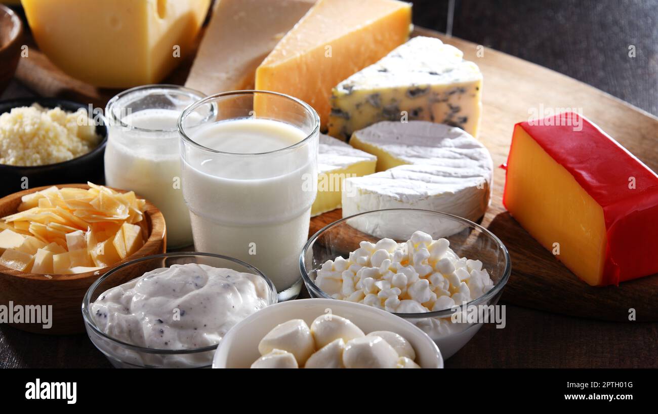 A variety of dairy products including cheese, milk and yogurt Stock ...