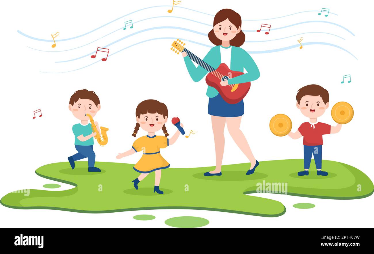 Music School Template In Hand Drawn Cartoon Flat Illustration Playing ...