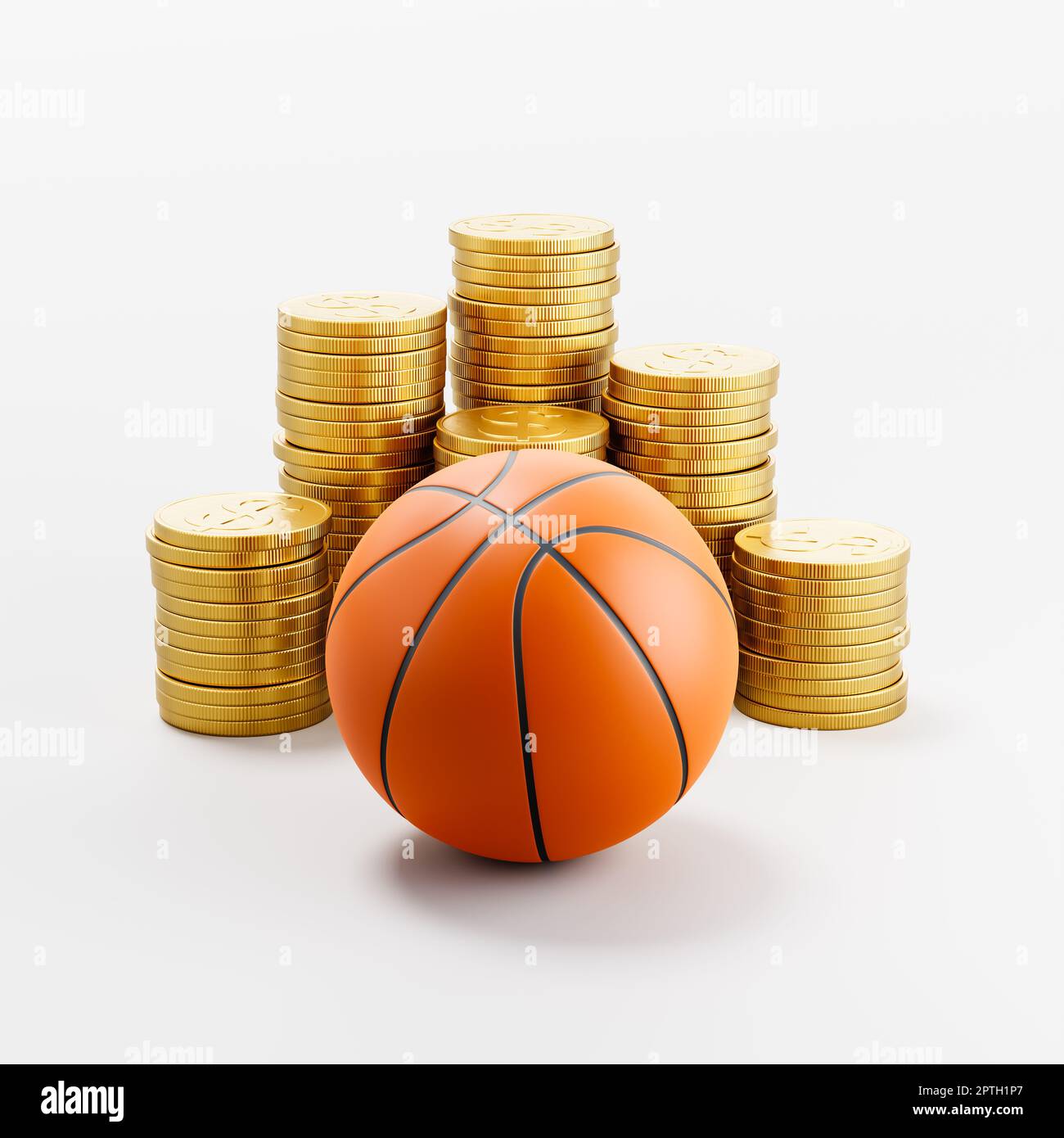 Basketball Ball ahead of Stacks of Golden Coins on Light Gray ...