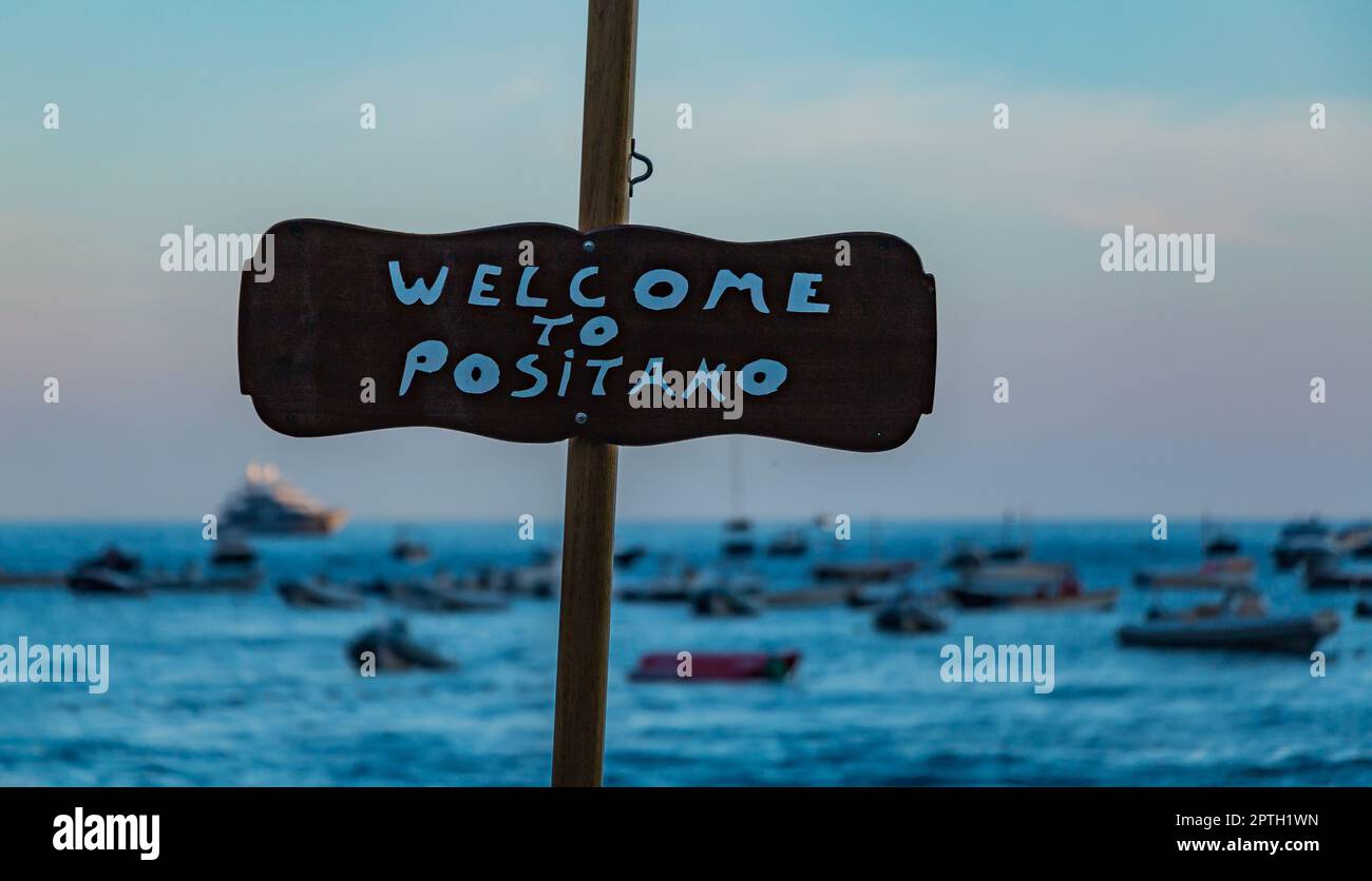 A picture of a sign of the small town of Positano, in the Amalfi Coast ...