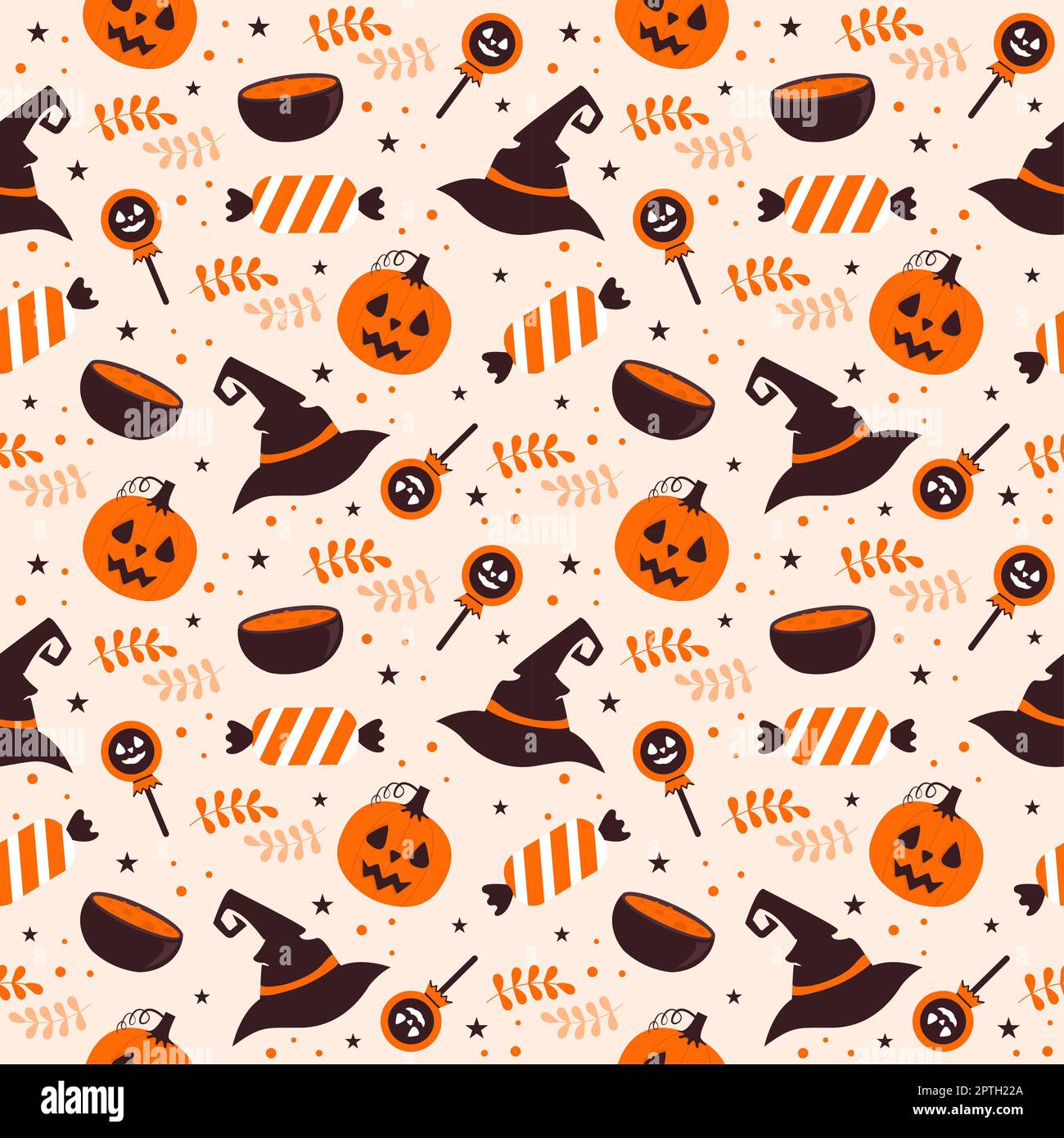 Halloween Seamless Pattern Design With Witch, Haunted House, Pumpkins ...