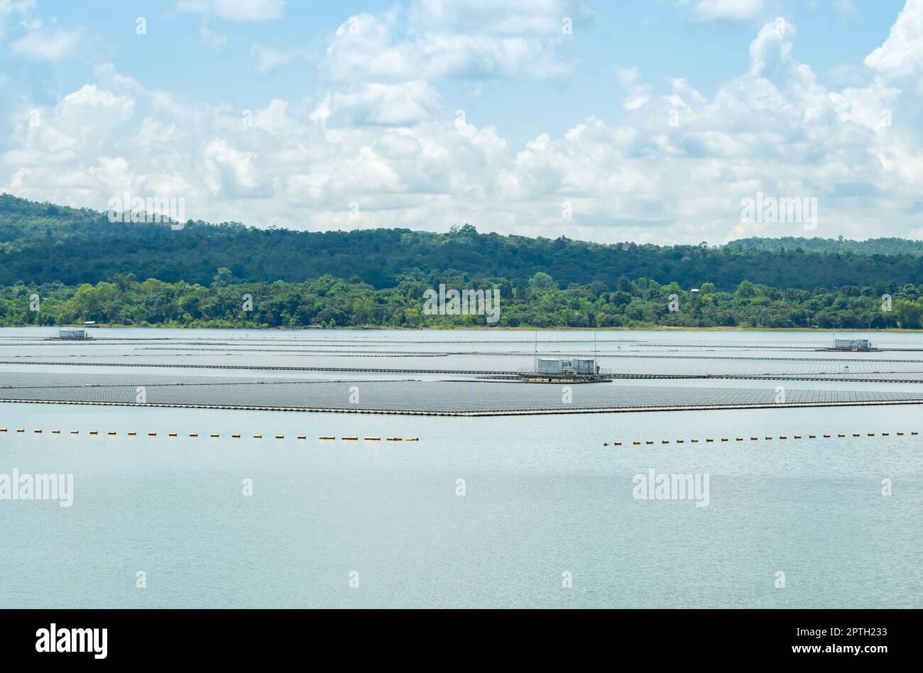 Floating solar farm or floating photovoltaics. Solar power. Landscape ...