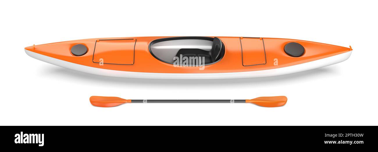 Orange plastic kayak with paddle on white background Stock Photo - Alamy