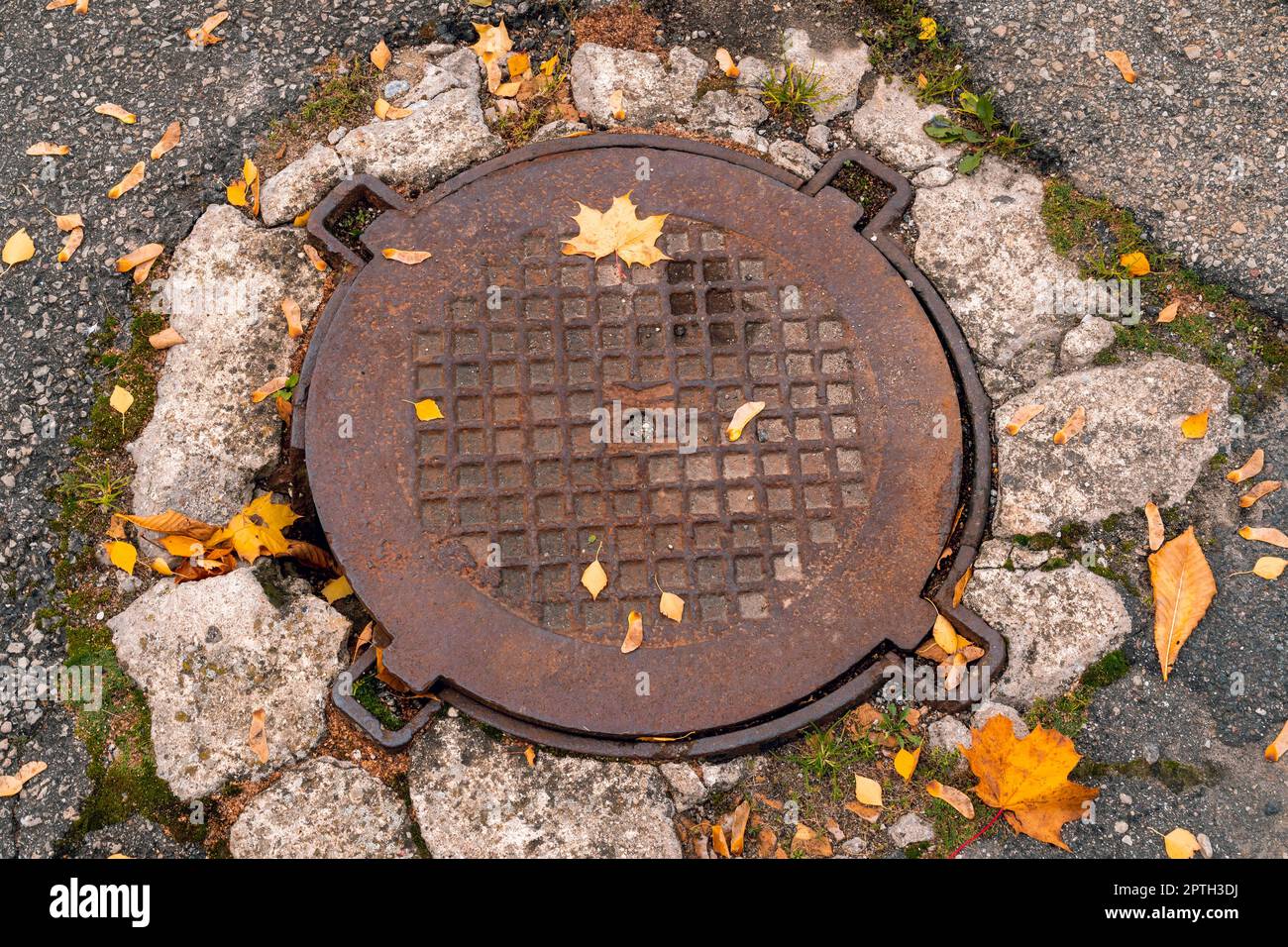 Old iron manhole cover on the street sewer cap. Autumn season Stock ...