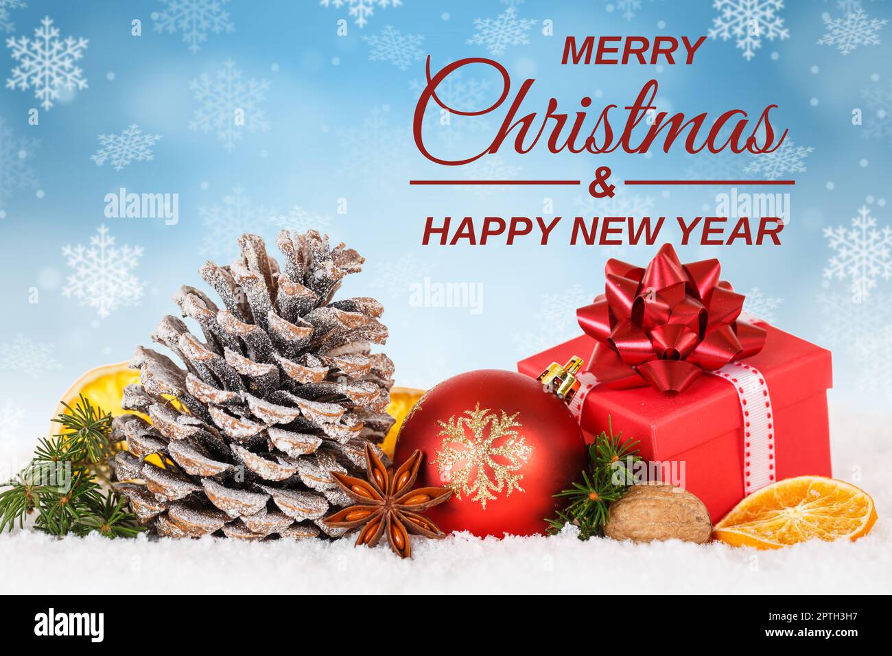 Merry Christmas card decoration time with gift present deco Stock Photo ...