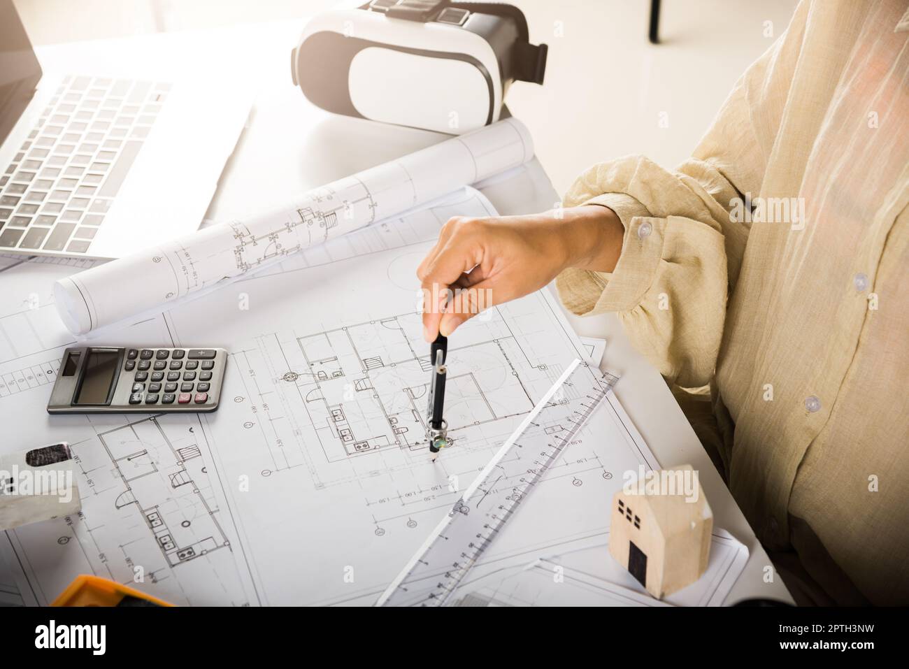 Architect Interior Design Drawing With Divider Compass On House Plan Blueprint Paper For Editing