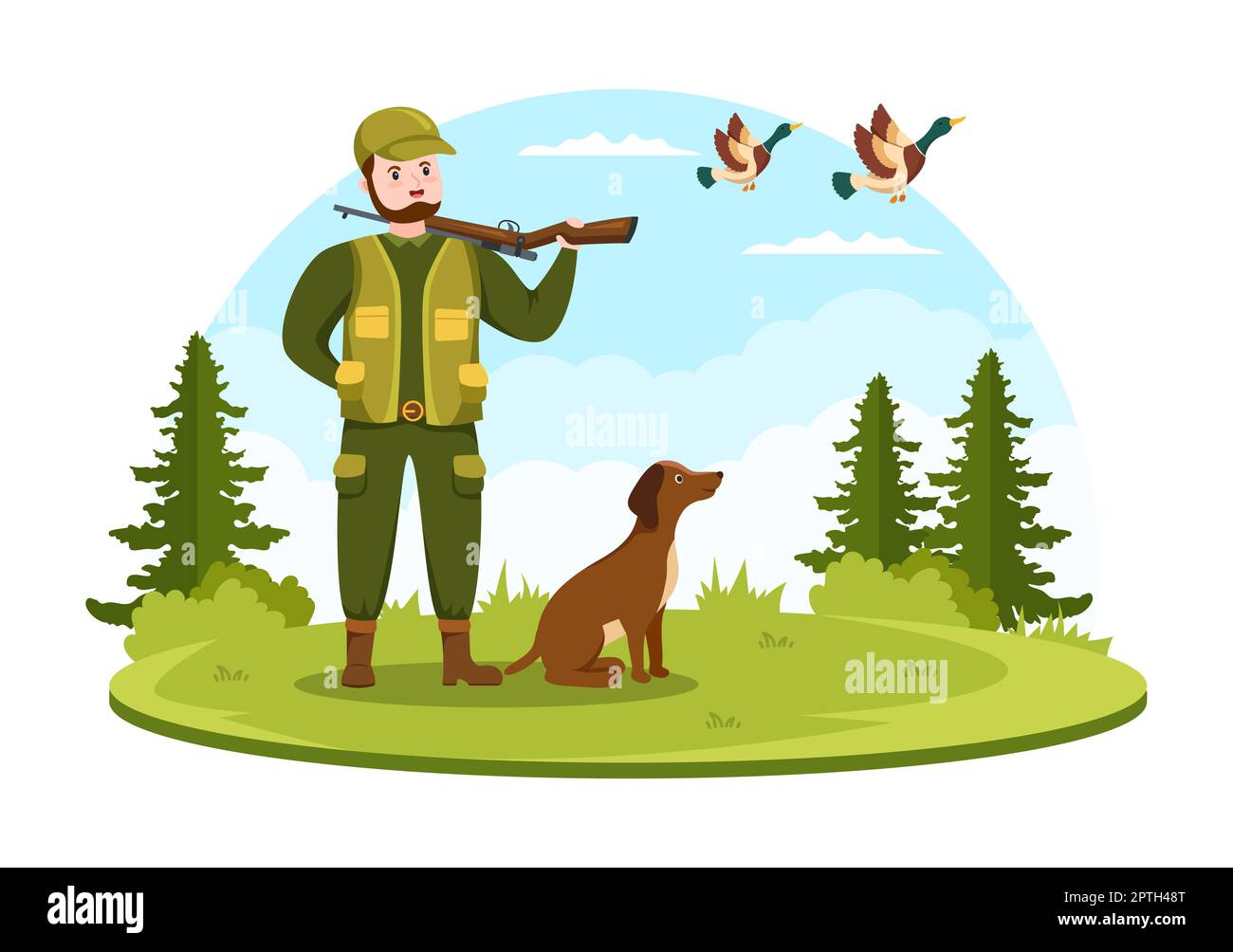 Hunter with Hunting Rifle or Weapon Shooting to Birds or Animals in the ...