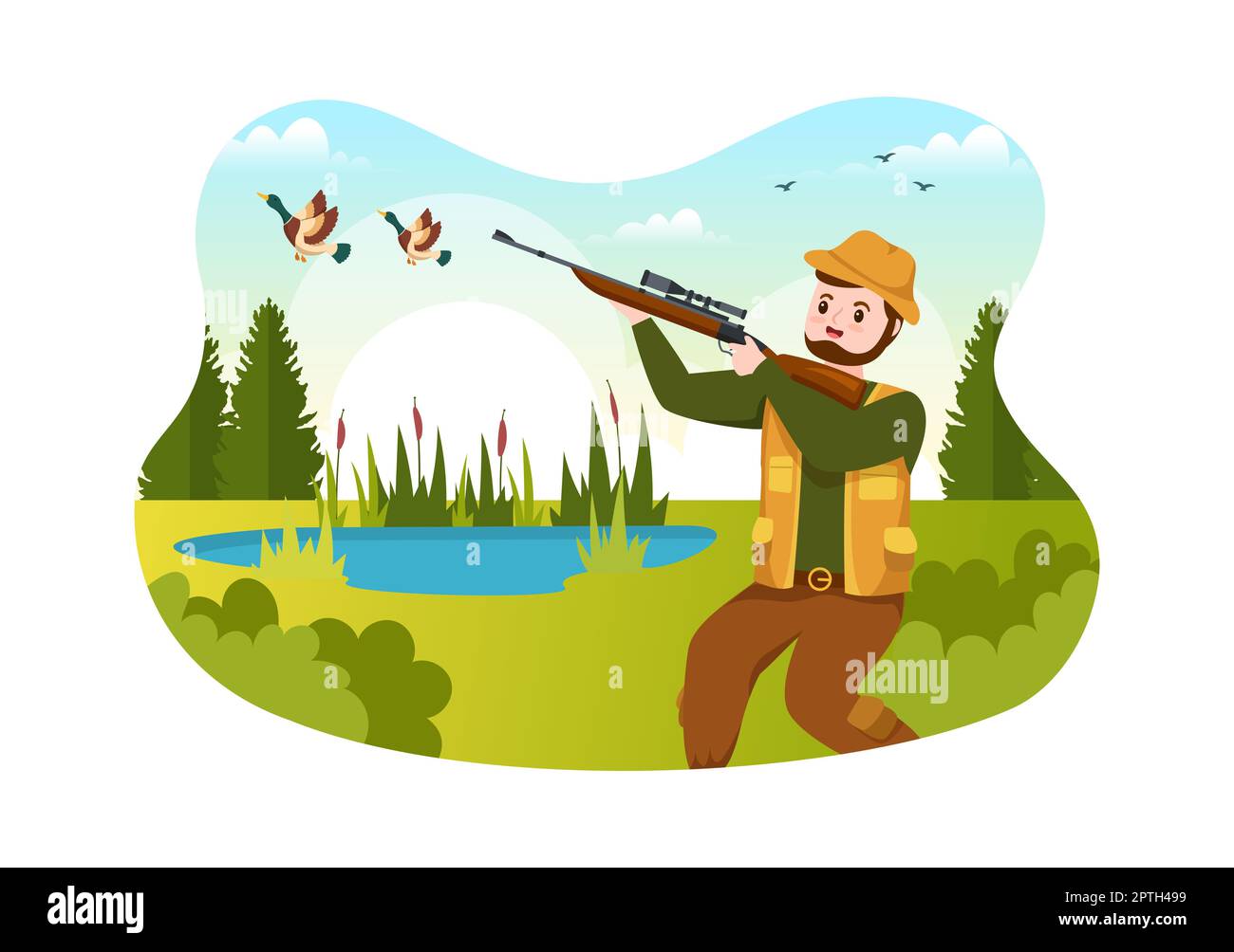 Hunter with Hunting Rifle or Weapon Shooting to Birds or Animals in the ...