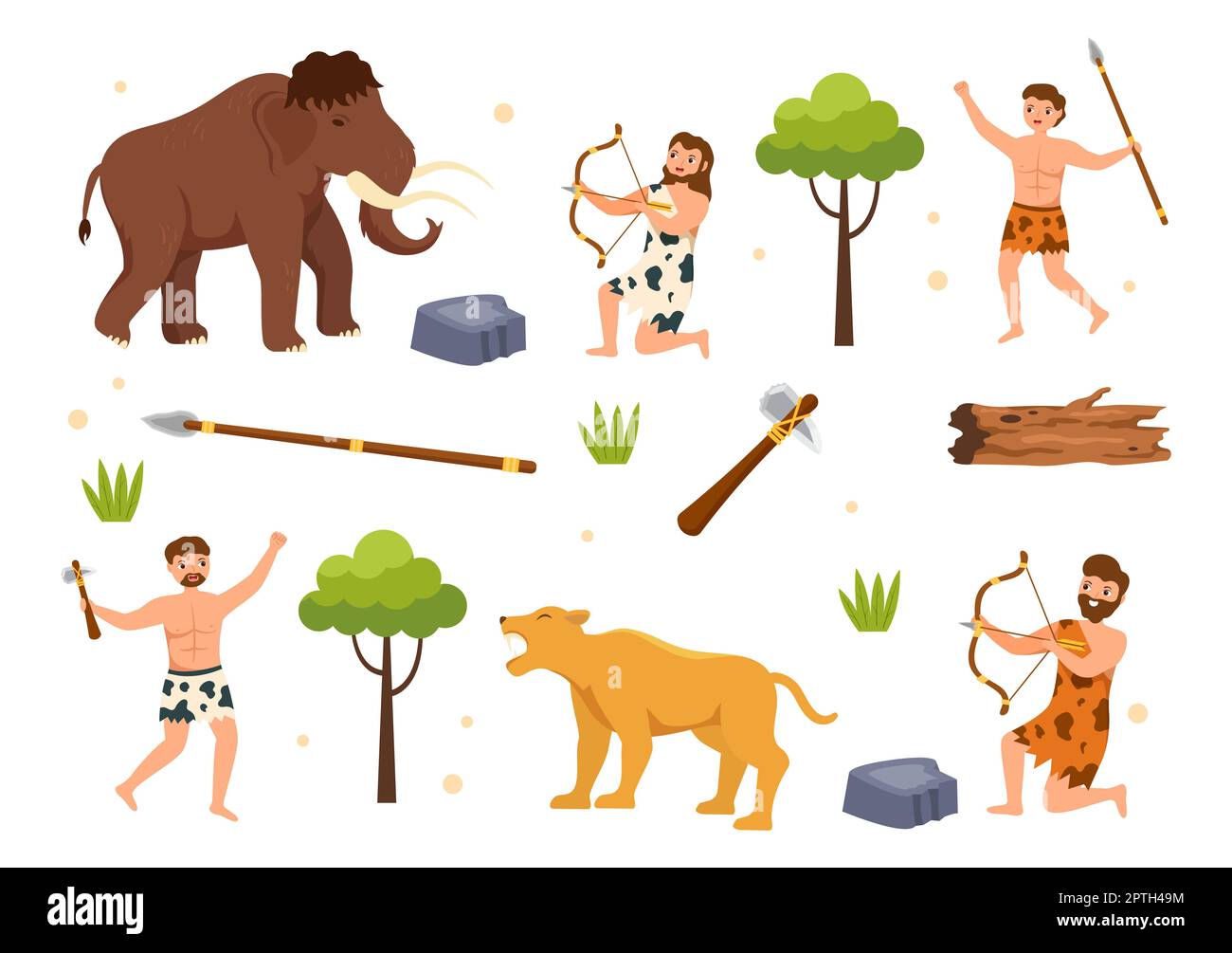 Prehistoric Stone Age Tribes Hunting Large Animals with Weapon in Flat ...