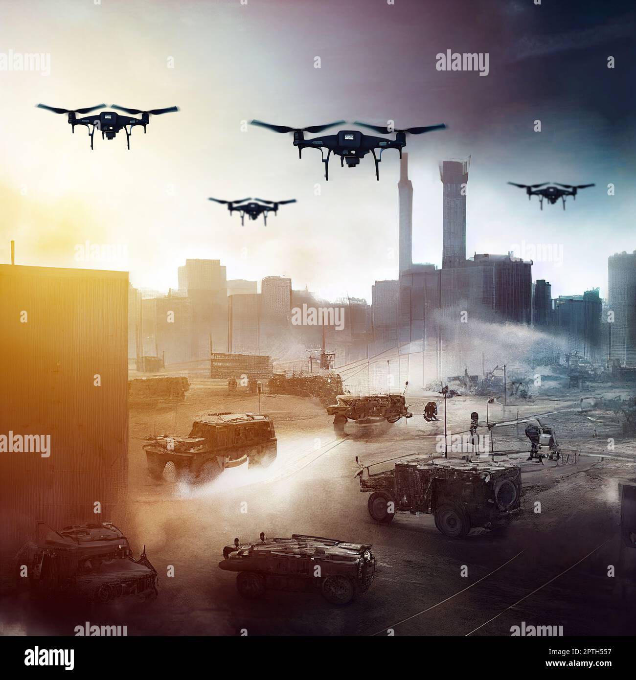 Military tactical drones, war conflict area, 3D illustration Stock ...