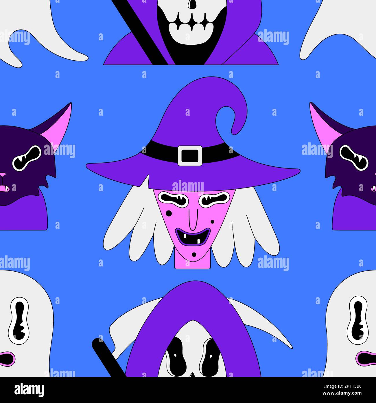Halloween seamless pattern. Colorful spooky fantasy characters on blue ...