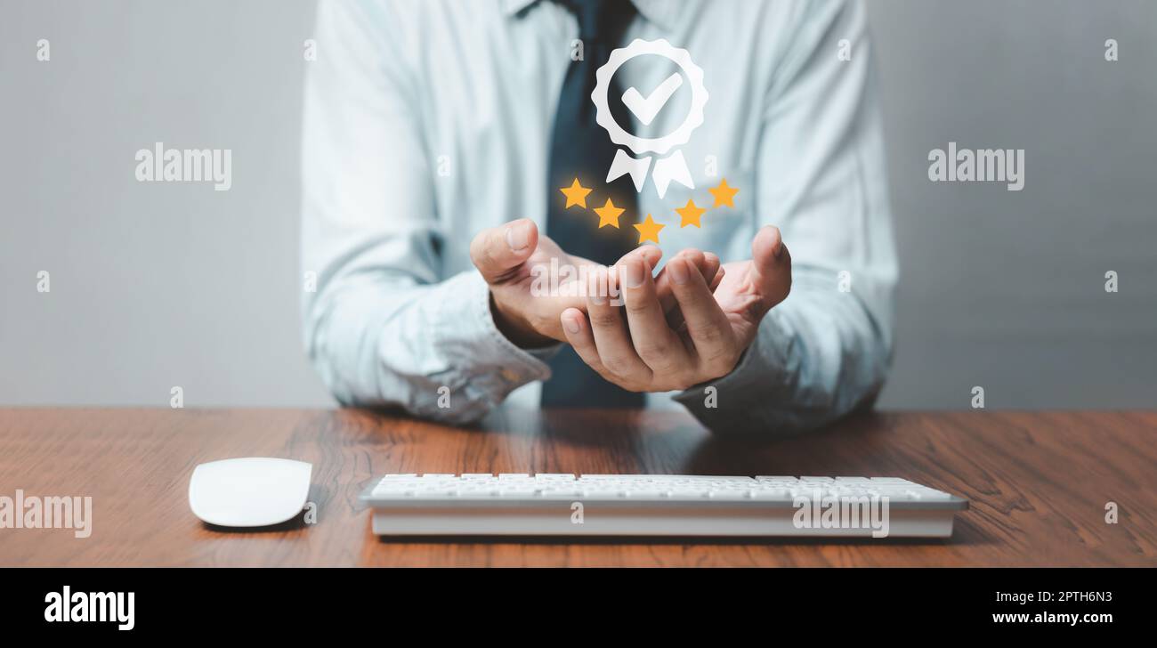 Hand shows the sign service Quality assurance 5 star, Guarantee ...