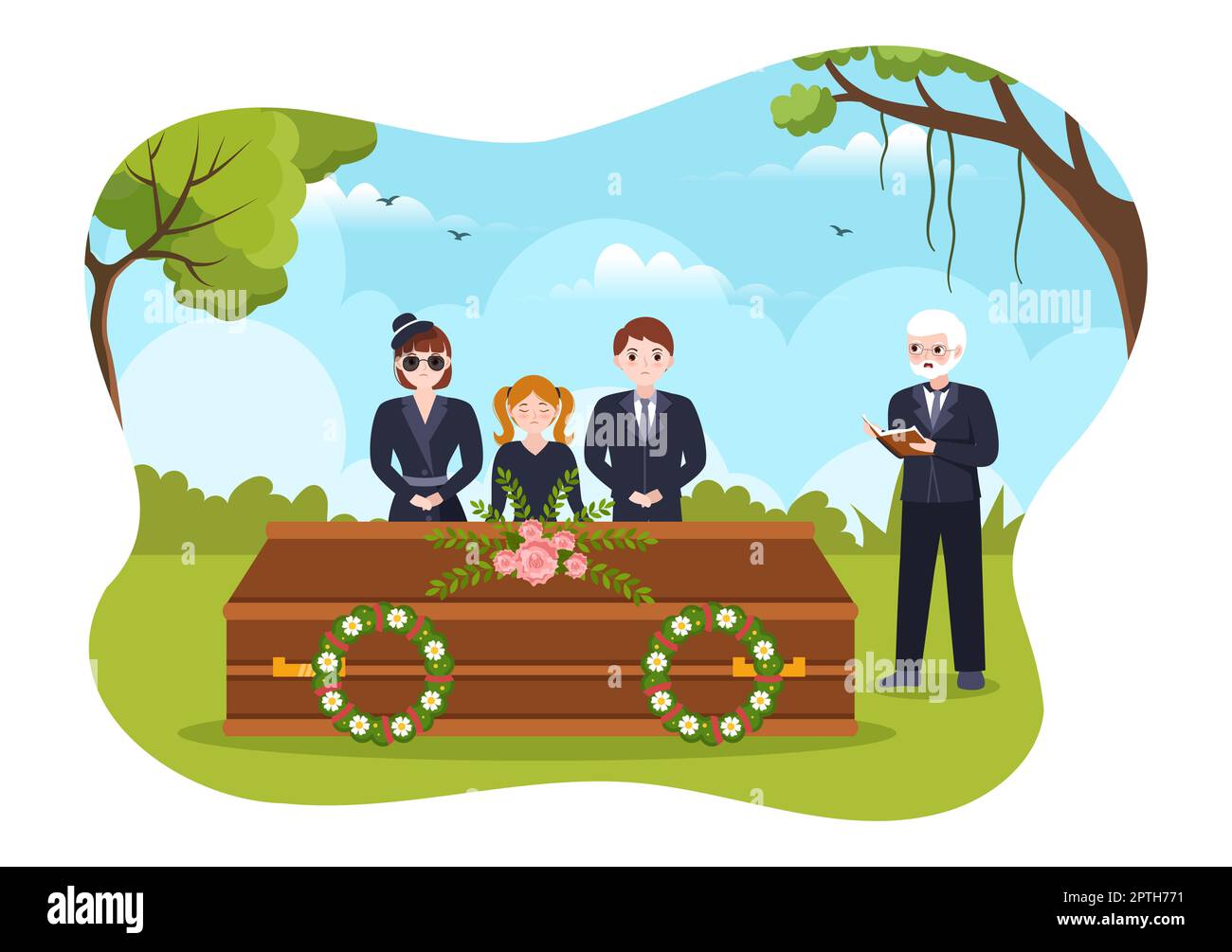Funeral Ceremony in Grave of Sad People in Black Clothes Standing and ...