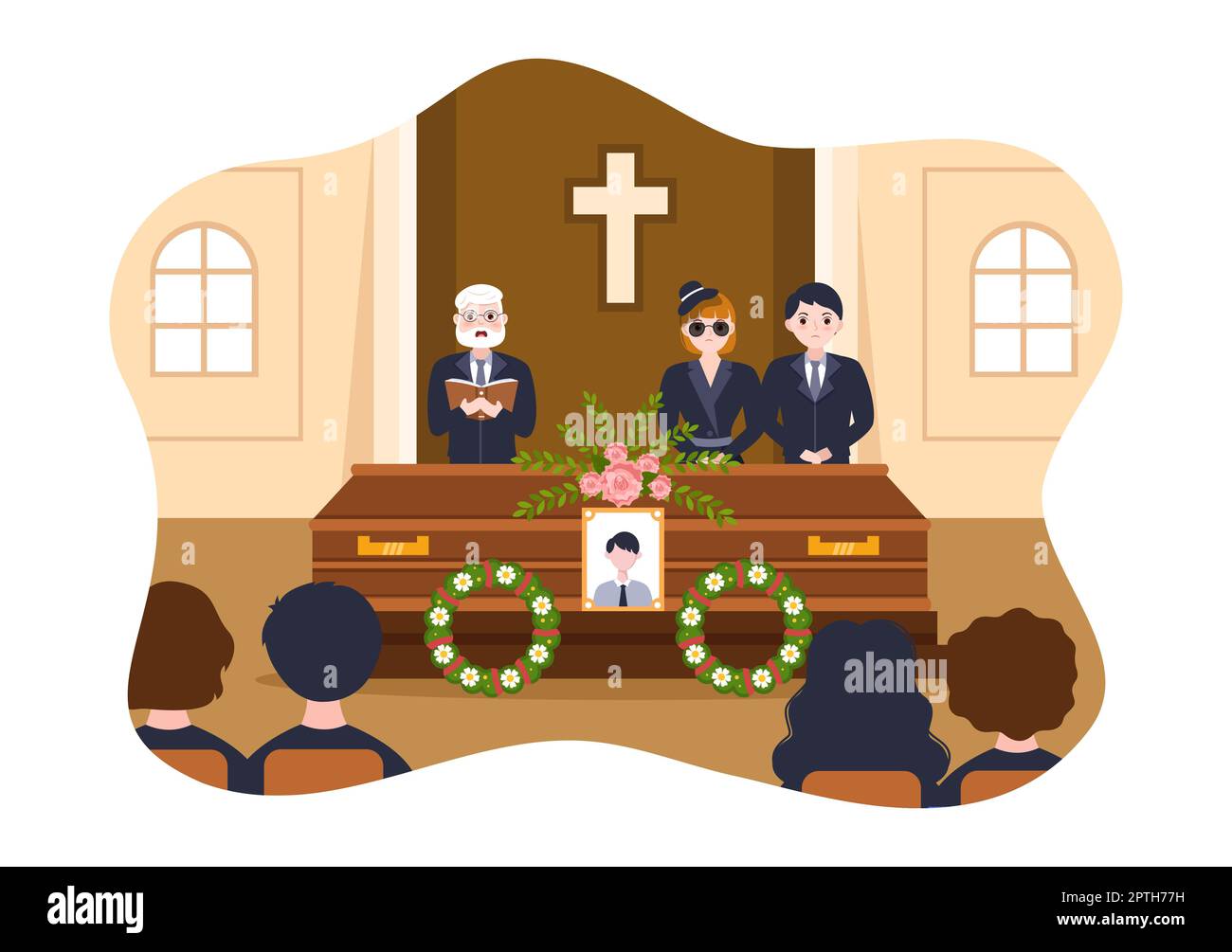 Funeral Ceremony in Grave of Sad People in Black Clothes Standing and ...