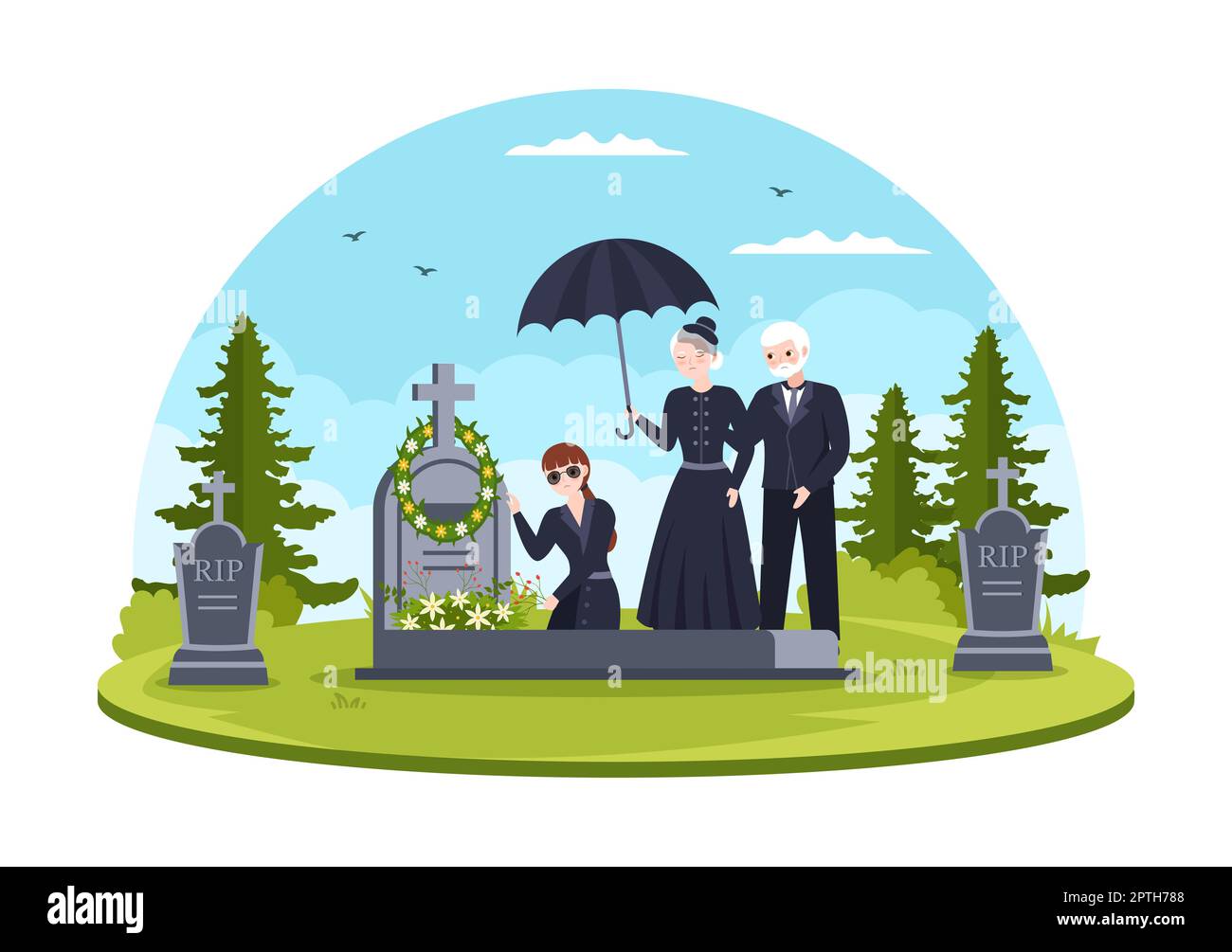 Funeral Ceremony in Grave of Sad People in Black Clothes Standing and ...