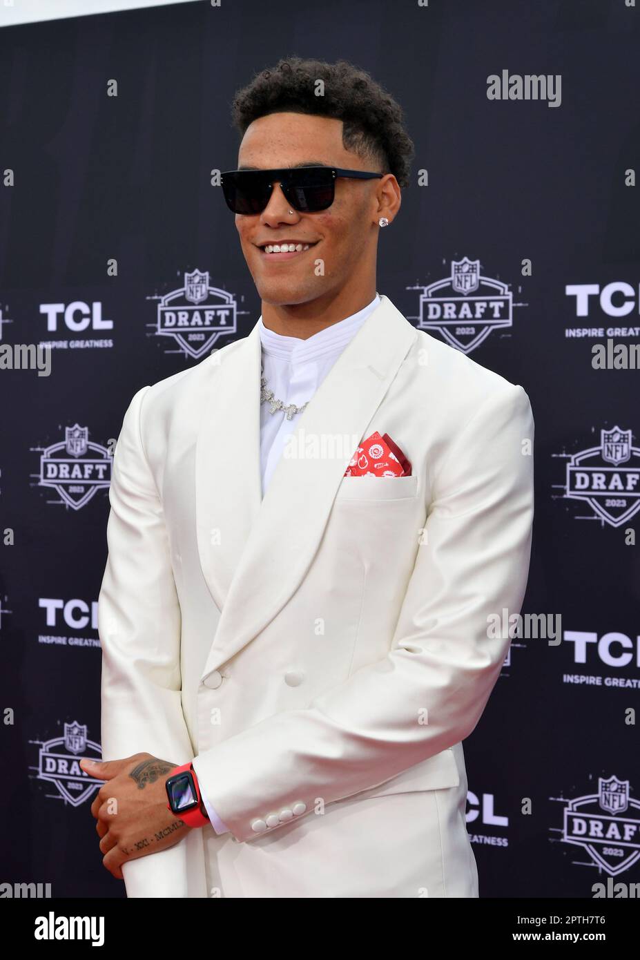 Christian Gonzalez walks the red carpet of the 2023 NFL Draft at the ...