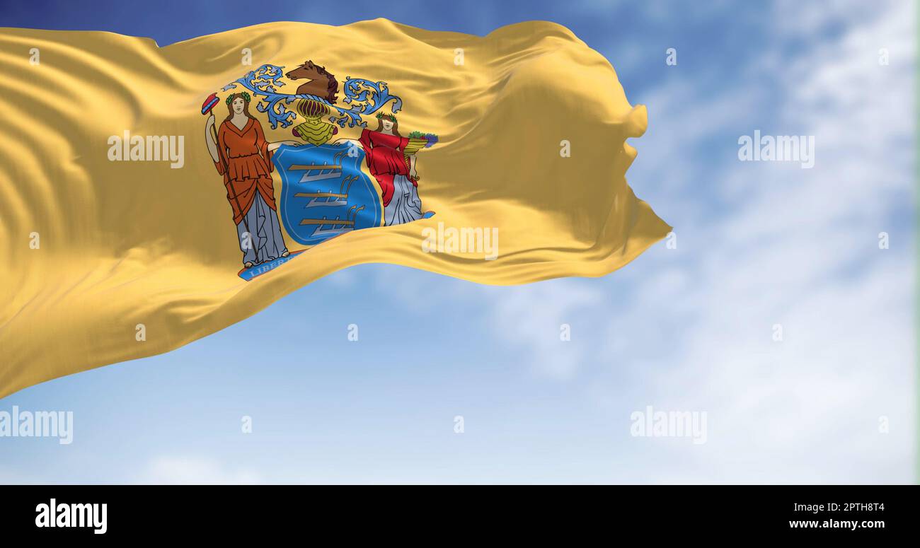 Flag of New Jersey state waving in the wind. New Jersey is a federated ...