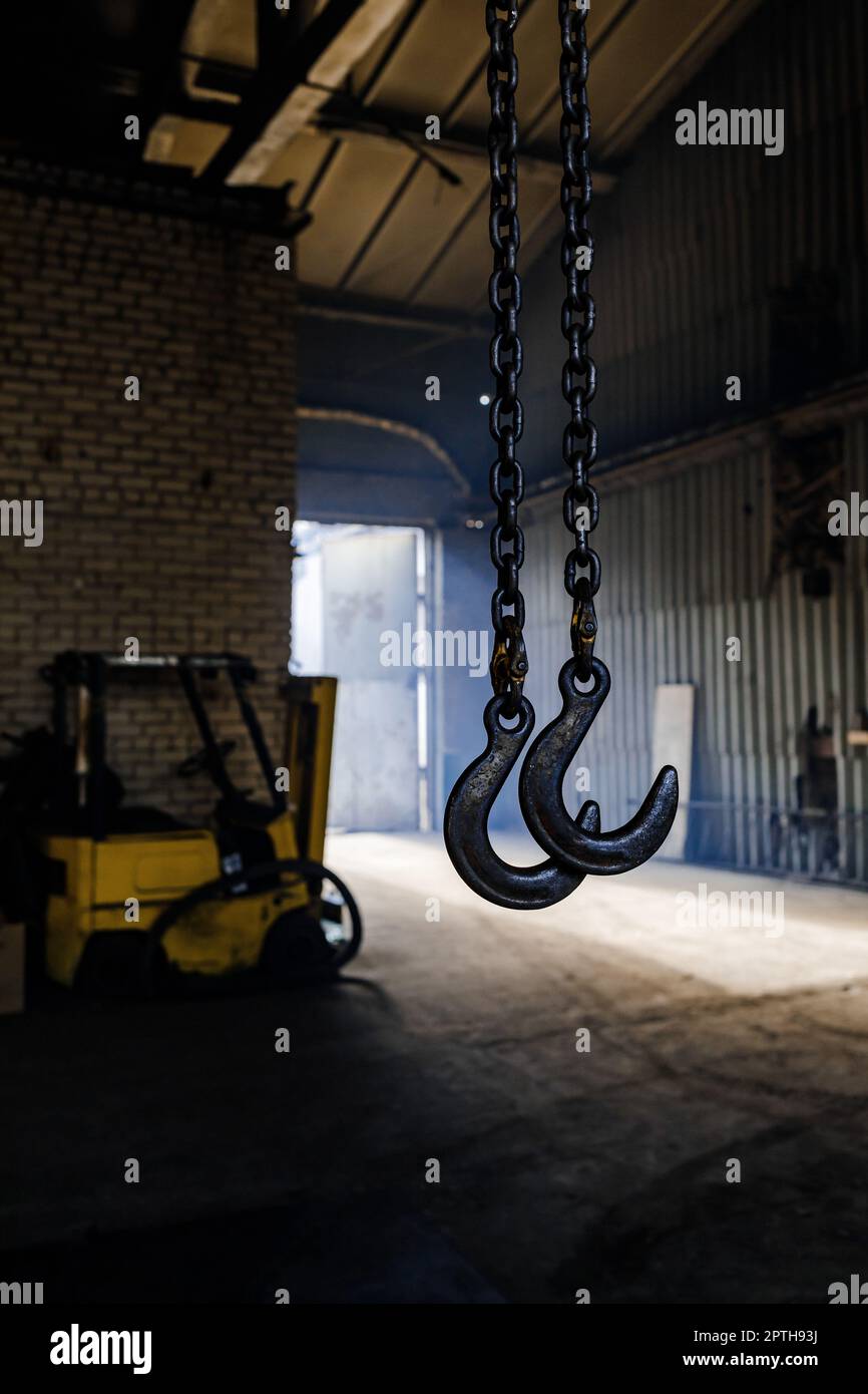 steel chain hook of electric hoist. industrial background. Crane cargo ...