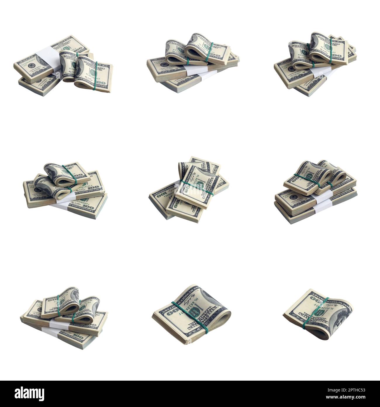 Big set of bundles of US dollar bills isolated on white. Collage with ...