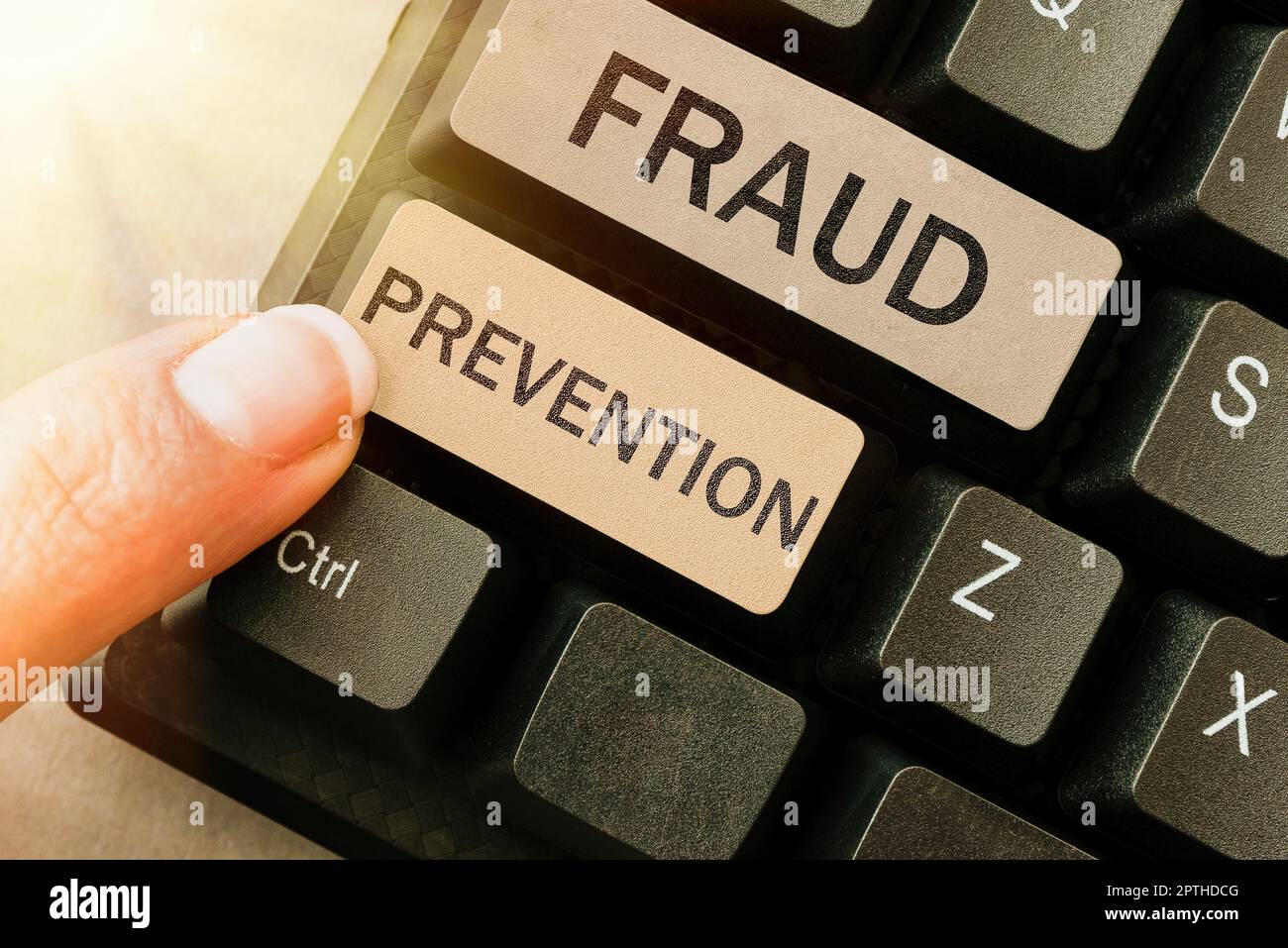 Text caption presenting Fraud Prevention, Concept meaning to secure the ...